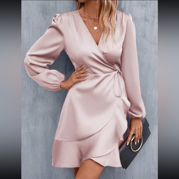 Dresses Luxe Knot Side Ruffle Trim Wrap Long Sleeve Dress Poshmark